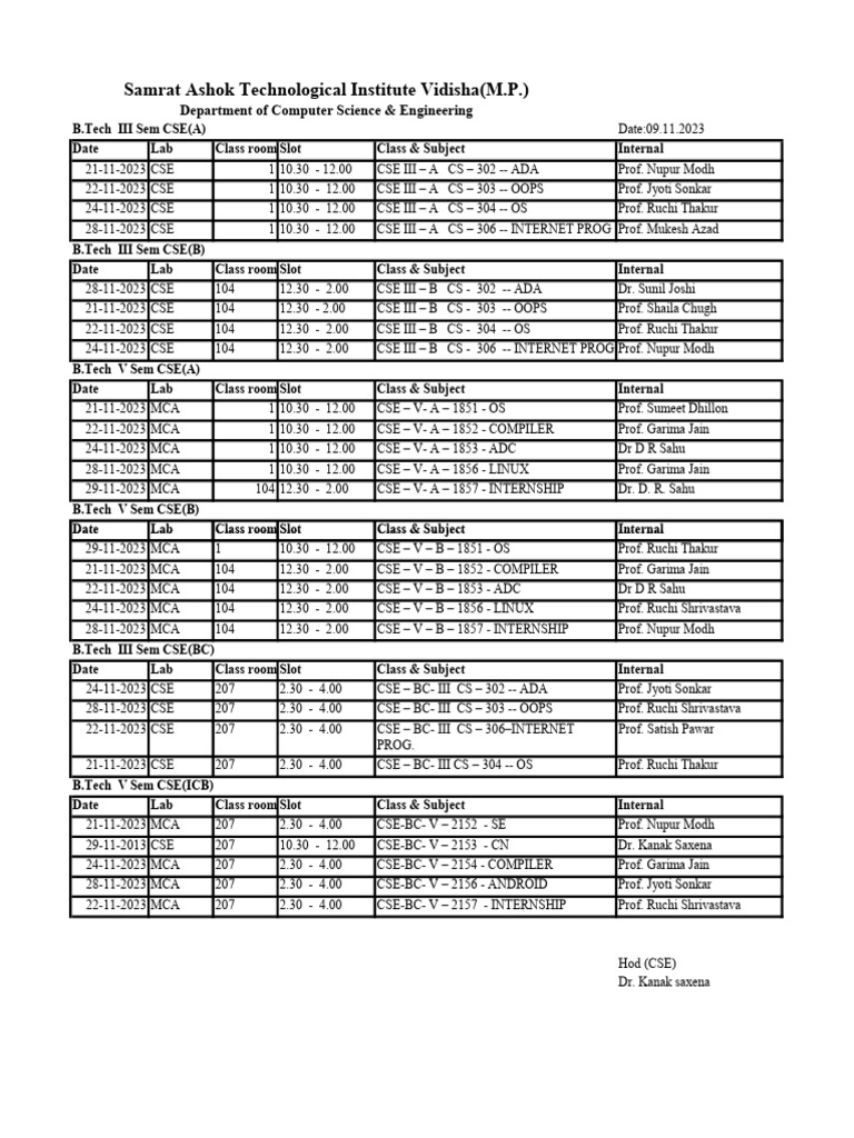CSE Class Schedule Nov 2023 | PDF | Computing | Computer Science