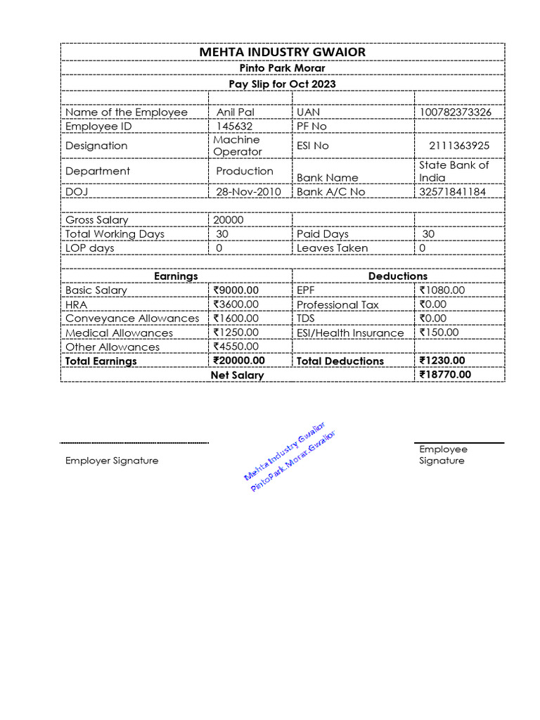 Salary Slip Format in Word | PDF