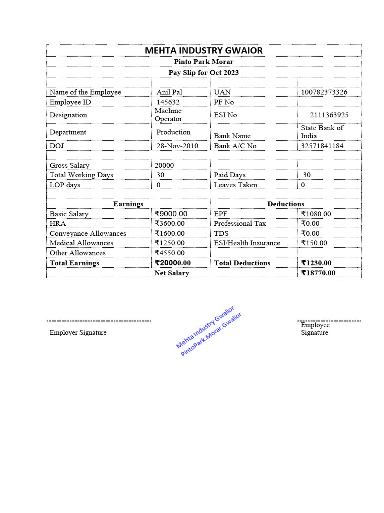 Salary Slip Format in Word | PDF