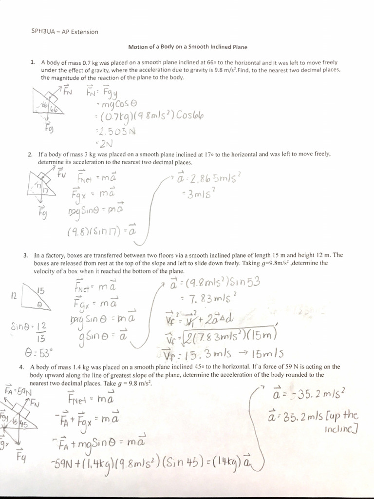 Motion of A Body On A Smooth Incline Plane Worksheet Answers | PDF