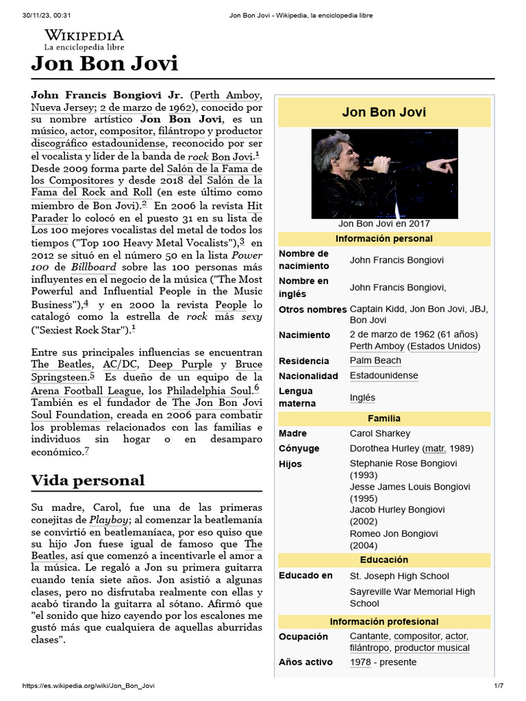 Jon Bon Jovi - Wikipedia, La Enciclopedia Libre | PDF