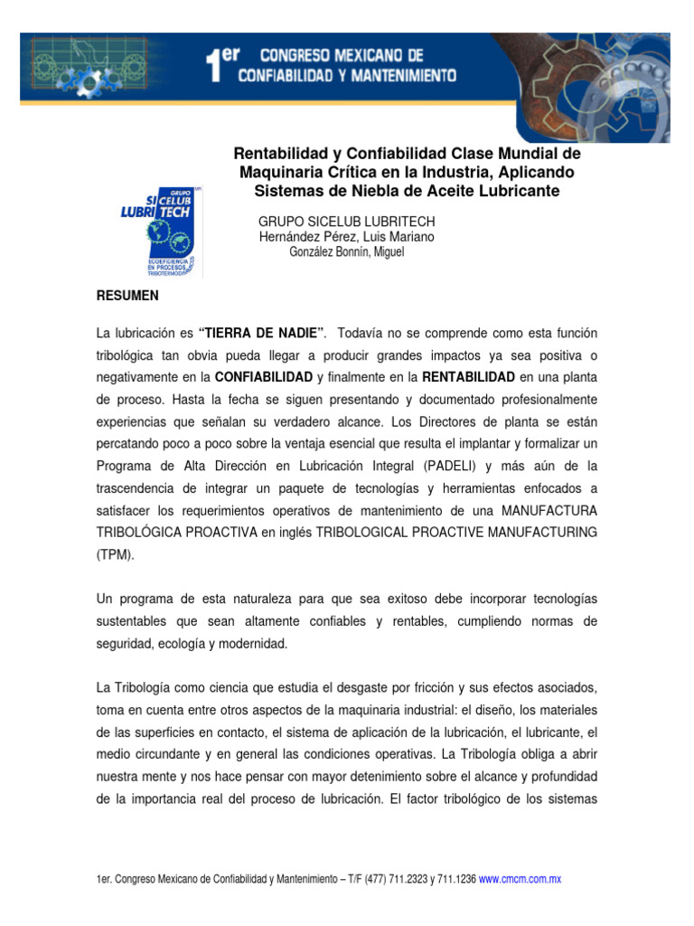 Rentabilidad y Confiabilidad Usando Sistemas de Niebla de Aceite Lubricante | PDF | Ingeniería ...
