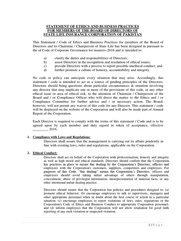 Statement-Of - Ethics-Directors | PDF | Conflict Of Interest | Trade Secret