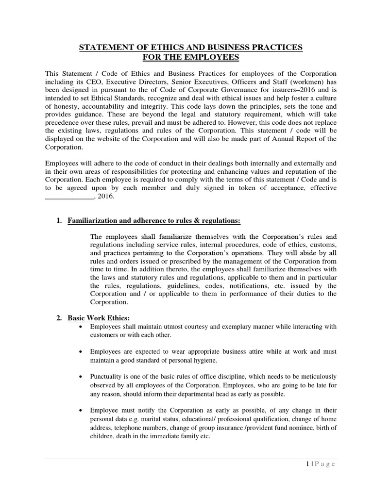 Statement-Of - Ethics-Employees | PDF | Employment | Insider Trading