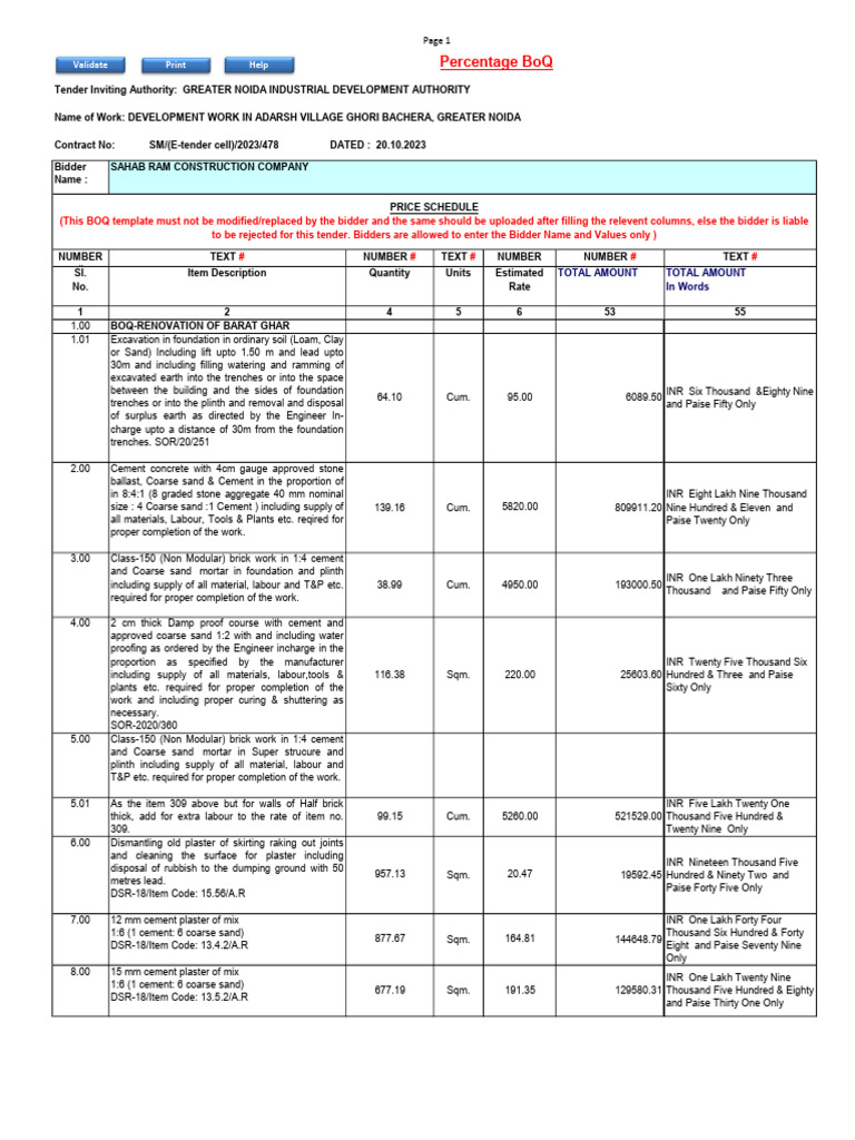 Percentage Boq: Validate Print Help | PDF | Concrete | Brick