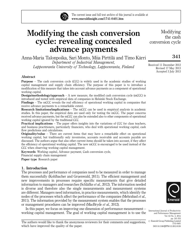 Modifying The Cash Conversion Cycle: Revealing Concealed Advance Payments | PDF | Working ...