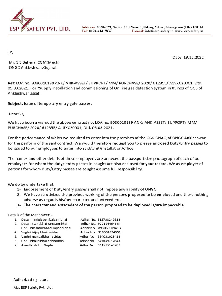 Manpower Gate Pass Letter | PDF