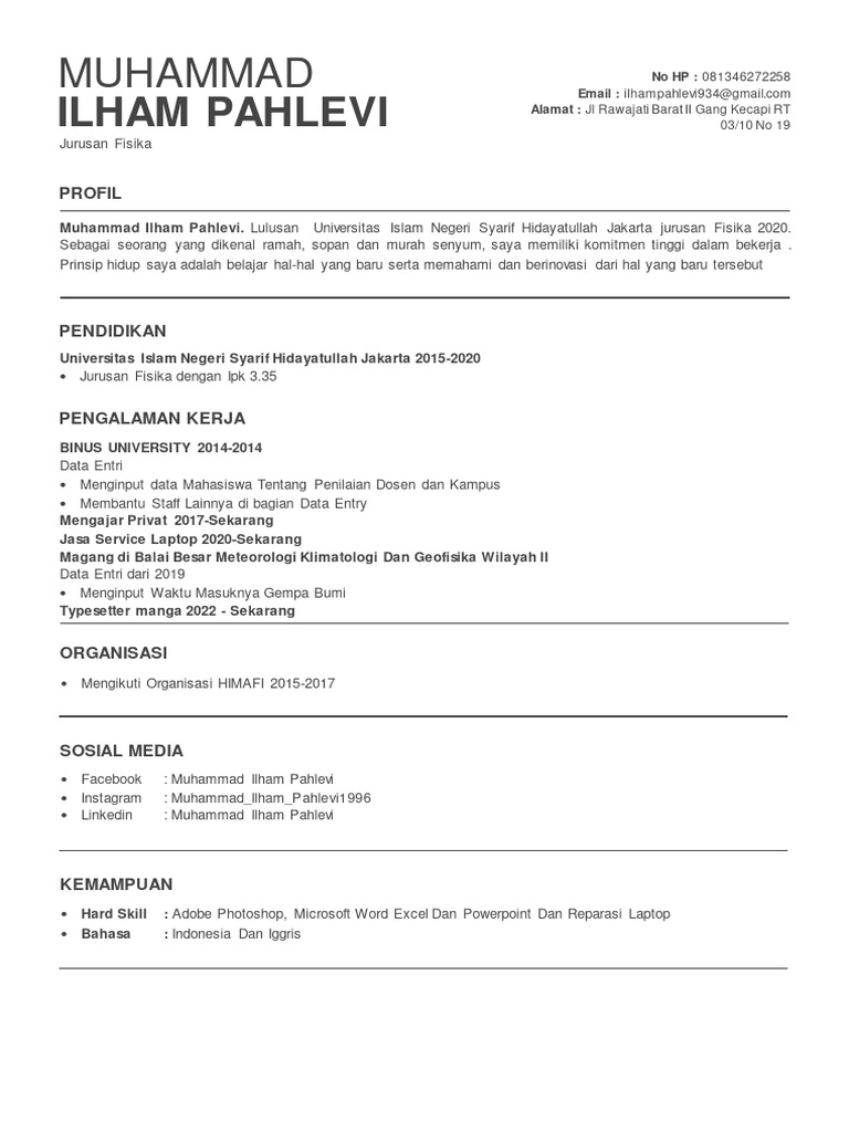 CV Muhammad - Ilham - Pahlevi | PDF