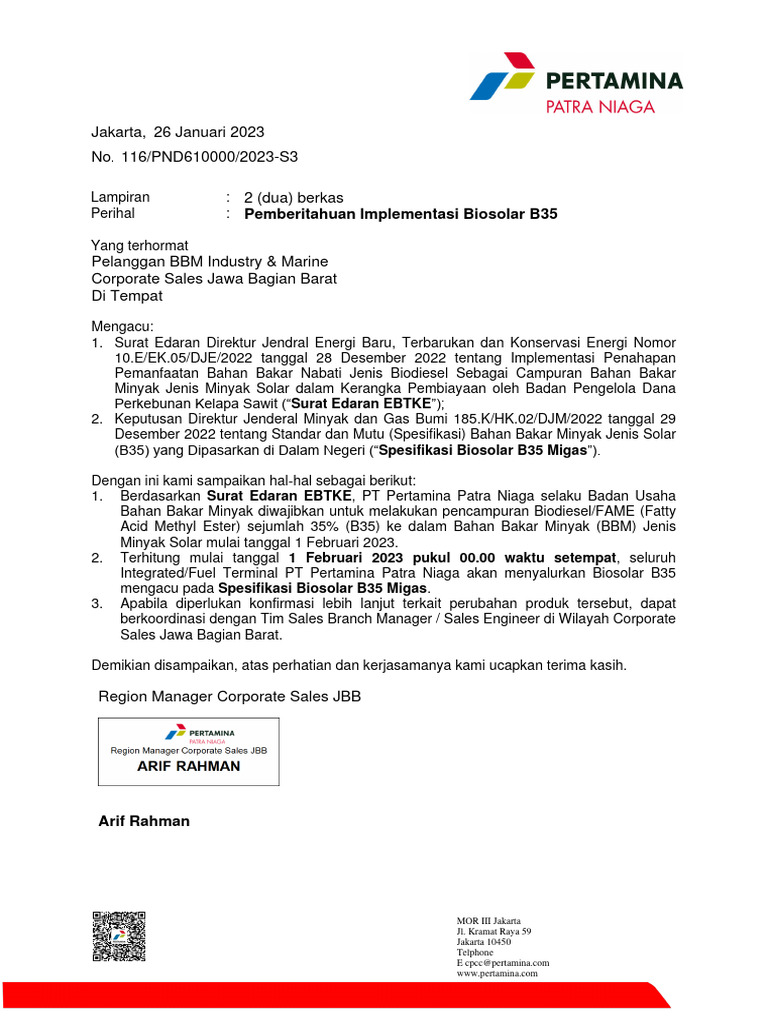 Surat Edaran Pemberitahuan Implementasi Biosolar B35 - PT Pertamina Patra Niaga Corporate Sales ...
