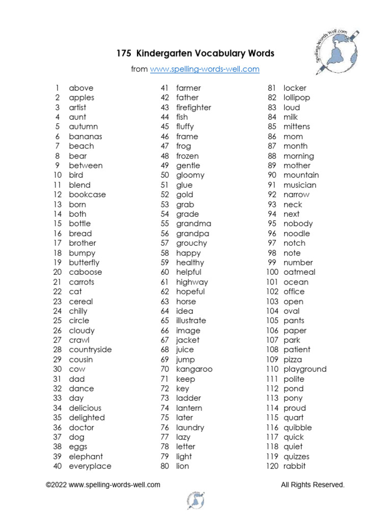 Kindergarten Vocabulary Word List | PDF