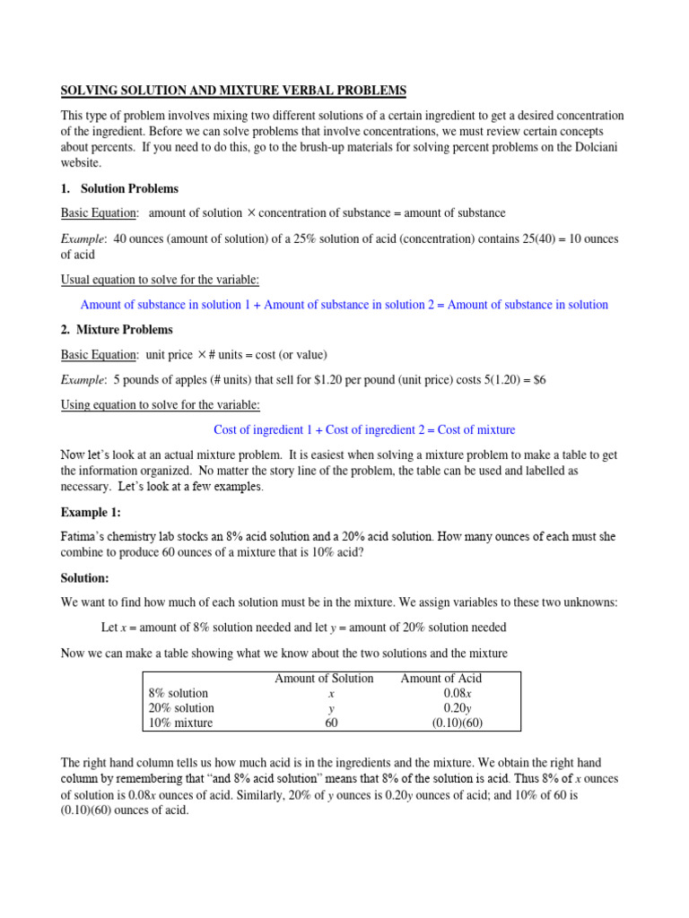 Solving Mixture and Concentration Problems | PDF | Mixture | Equations