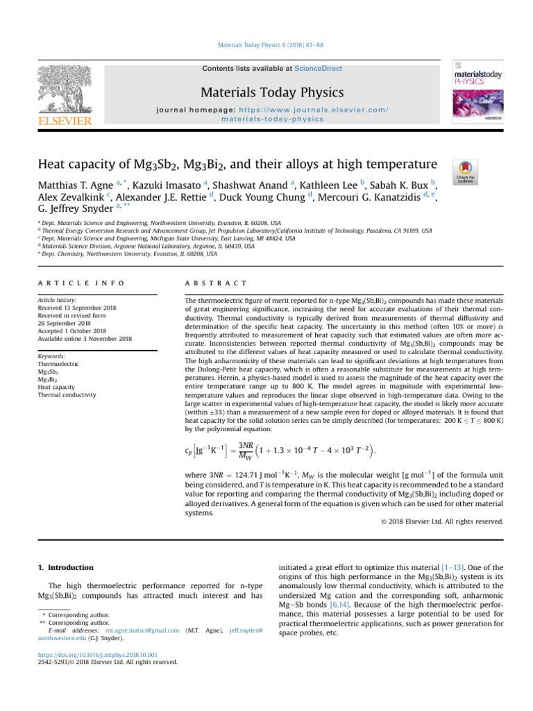 Agne Et Al. - 2018 - Heat Capacity of Mg3Sb2, Mg3Bi2, and Their Alloys at High Temperature | PDF ...