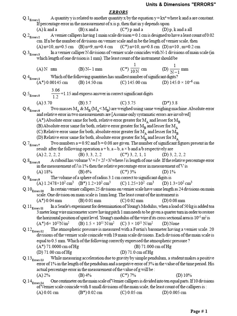 Errors - (1 To 50) VERNIER, SCREW GAUGE | PDF | Significant Figures ...