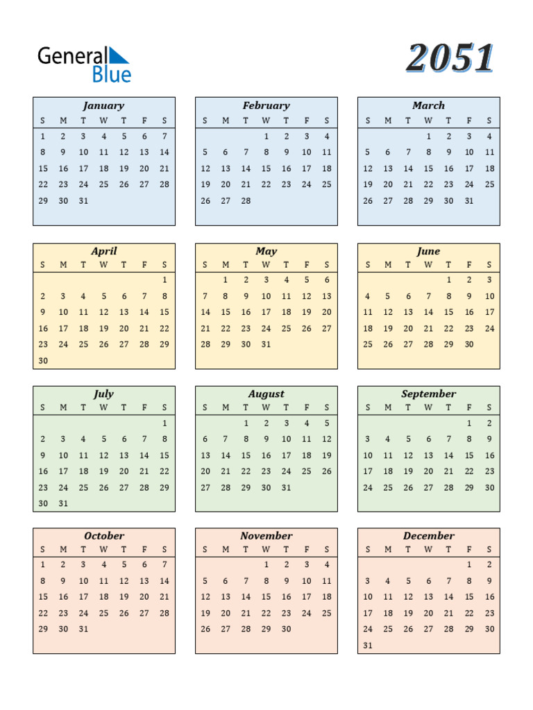 2051 Calendar Streamlined Colored Portrait Sunday Start | PDF