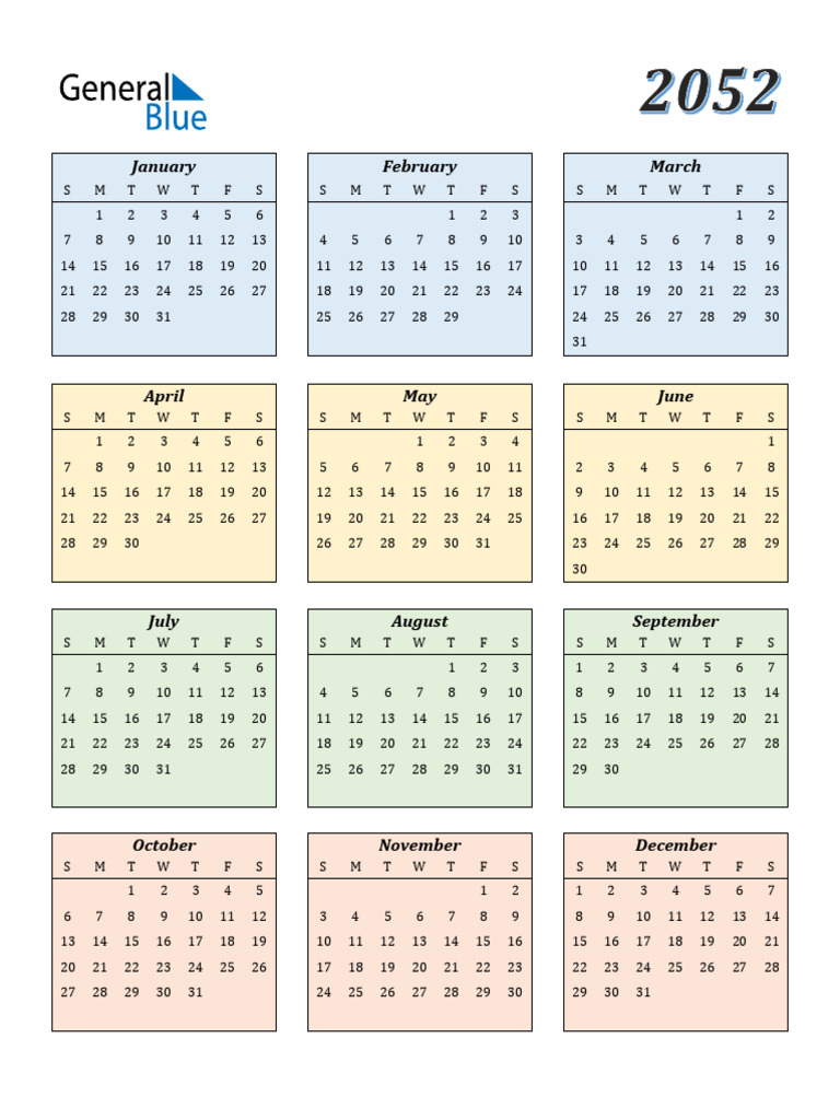 2052 Calendar Streamlined Colored Portrait Sunday Start | PDF