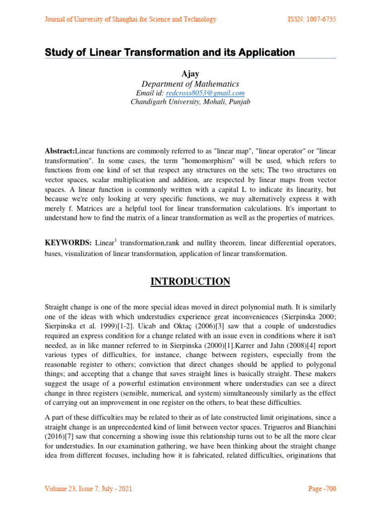 Study of Linear Transformation and Its Application | PDF | Linear Map | Vector Space