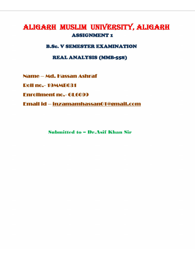 19MMB031 (MD - Hassan Ashraf) Real Analysis Assignment-1 | PDF