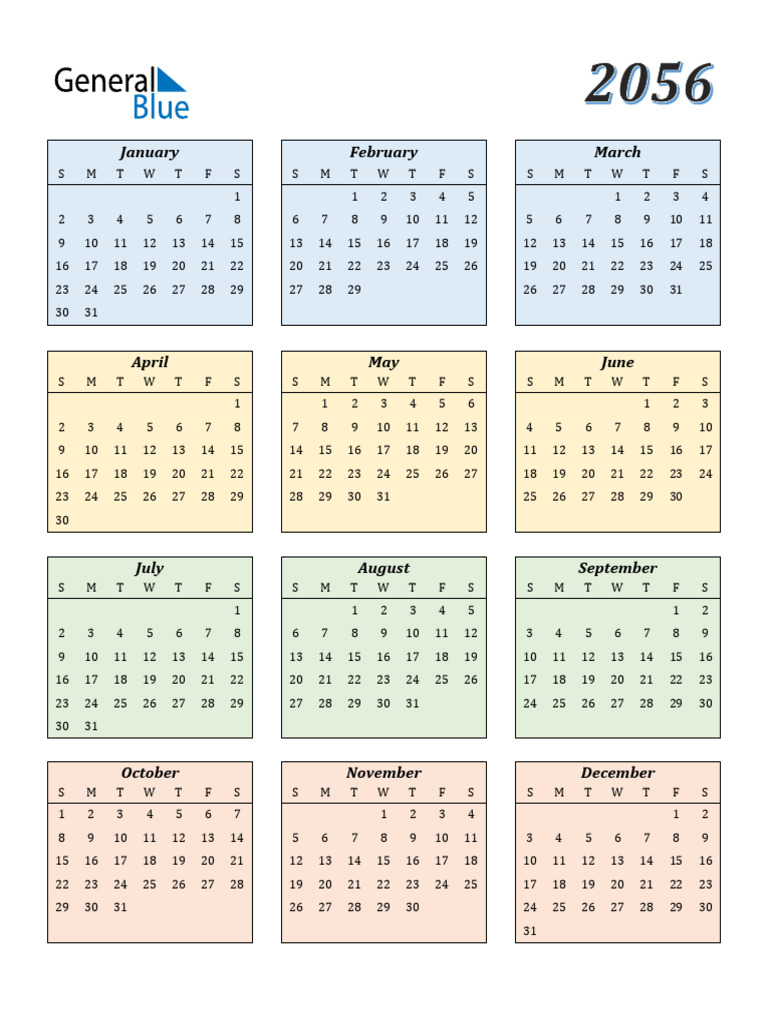 2056 Calendar Streamlined Colored Portrait Sunday Start | PDF