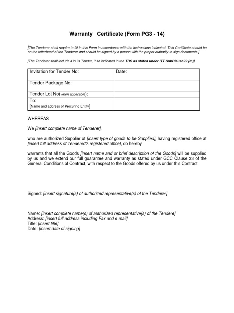 Warranty Certificate Template for Tenders | PDF