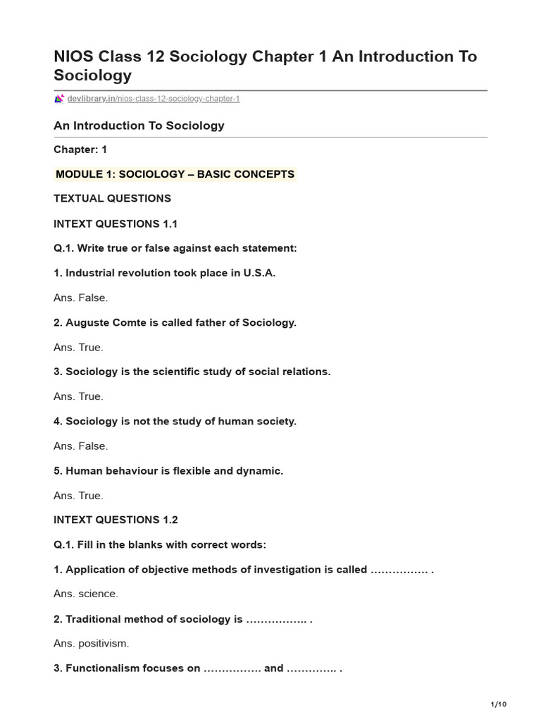 Devlibrary - in-NIOS Class 12 Sociology Chapter 1 An Introduction To Sociology | PDF | Sociology ...