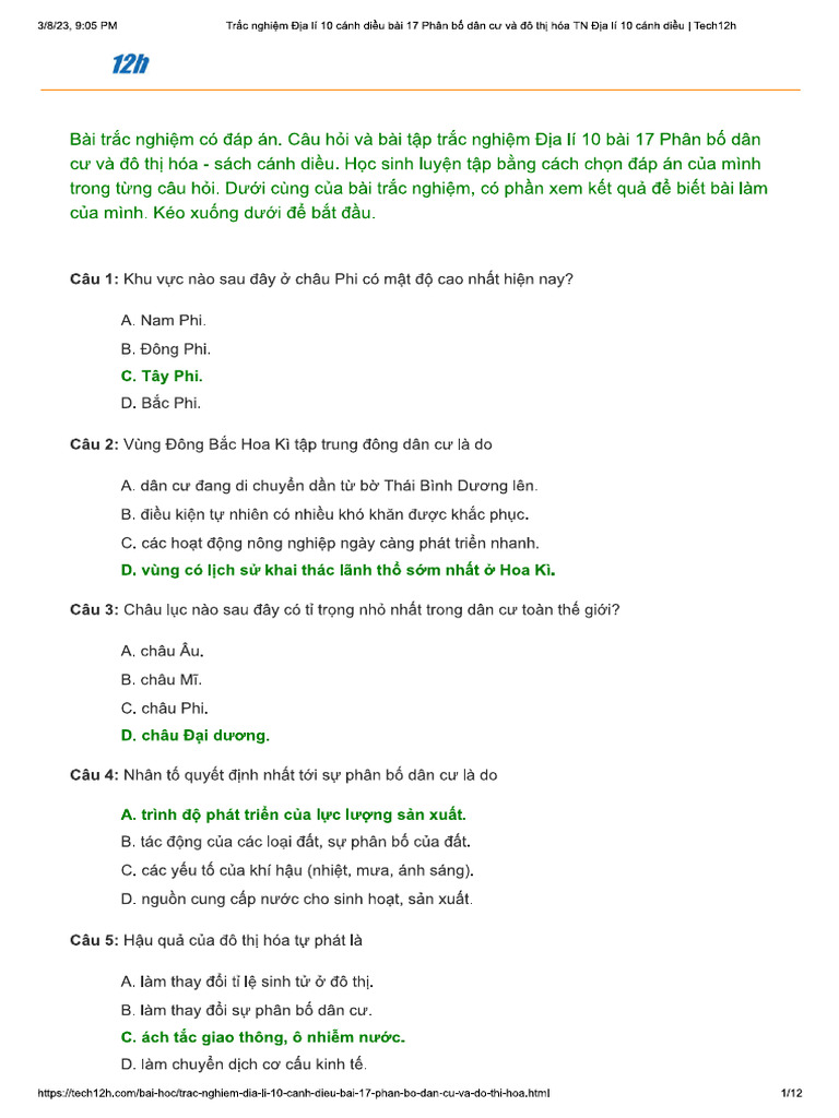 Trắc nghiệm Địa lí 10 cánh diều bài 17 ... ị hóa TN Địa lí 10 cánh diều - Tech12h | PDF