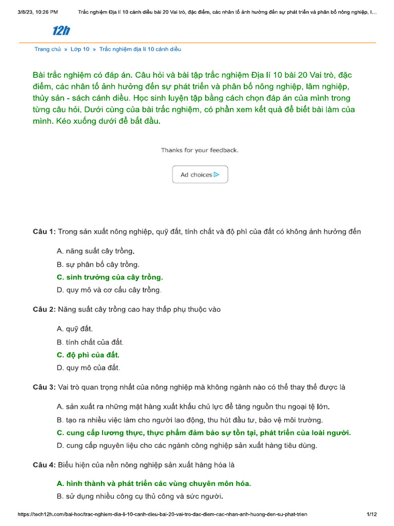 Trắc nghiệm Địa lí 10 cánh diều bài 20 ... y sản TN Địa lí 10 cánh diều ...