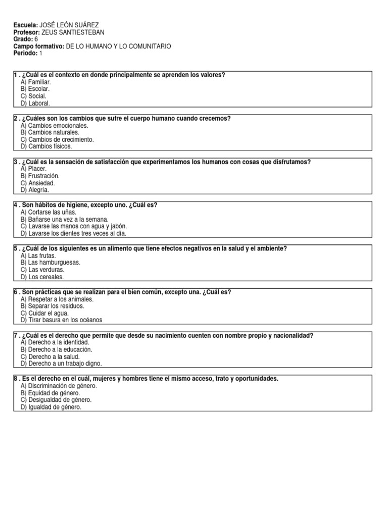 Examen de Lo Humano y Lo Comunitario 1 | PDF