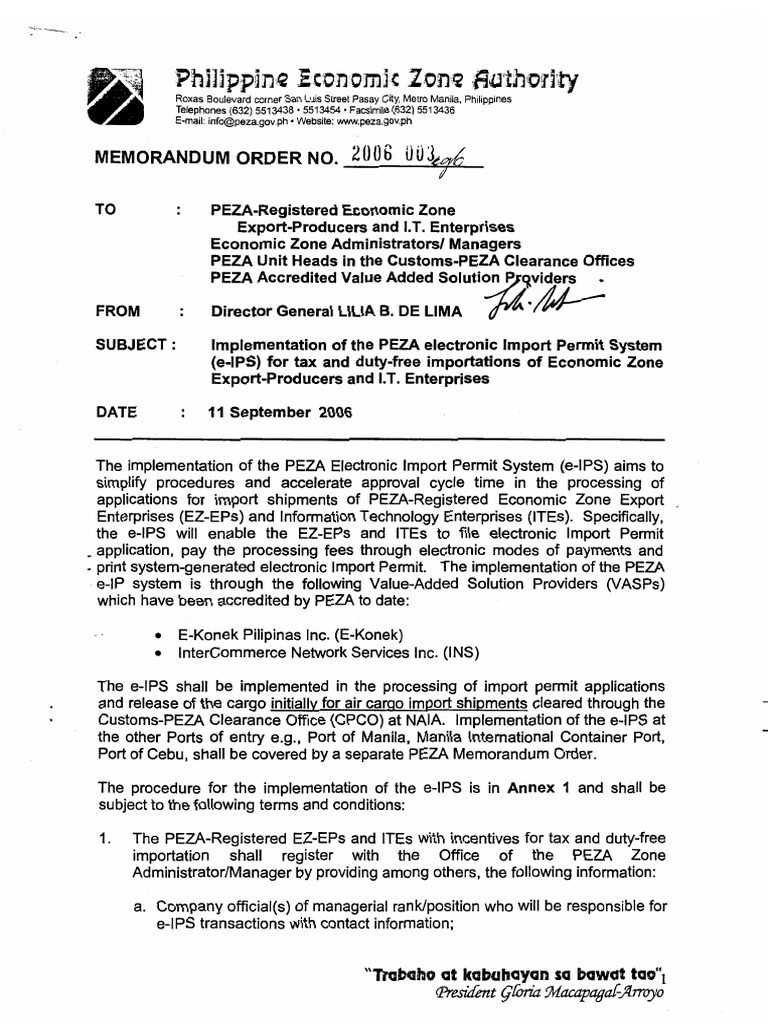 PEZA Mo - 2006-003 eIP Implementation | PDF PEZA Mo - 2006-003 eIP Implementation | PDF
