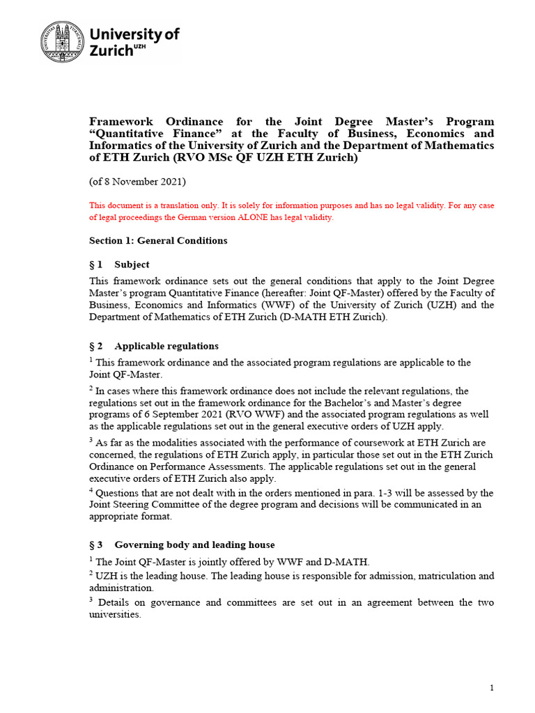 RVO MSC QF UZH ETH - English - Final | PDF | Academic Degree | Master's ...
