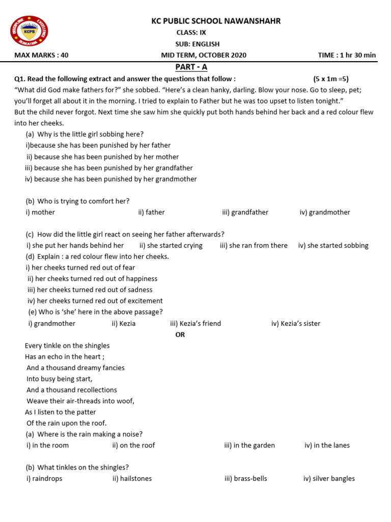 Class 9 English Mid Term Exam 2020 | PDF | Language Arts & Discipline