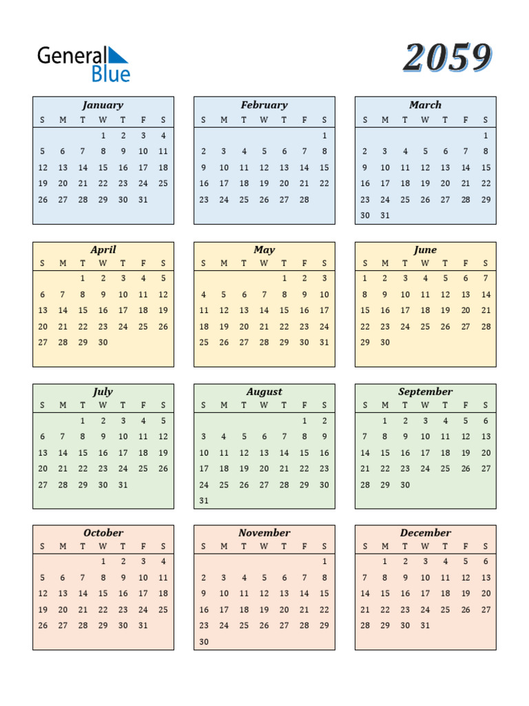 2059 Calendar Streamlined Colored Portrait Sunday Start | PDF