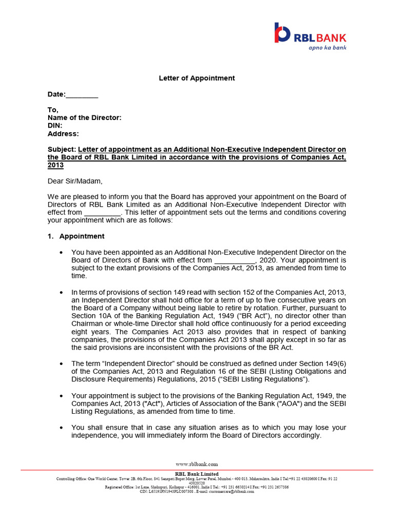 Letterof Appointment Website | PDF | Board Of Directors | Audit Committee