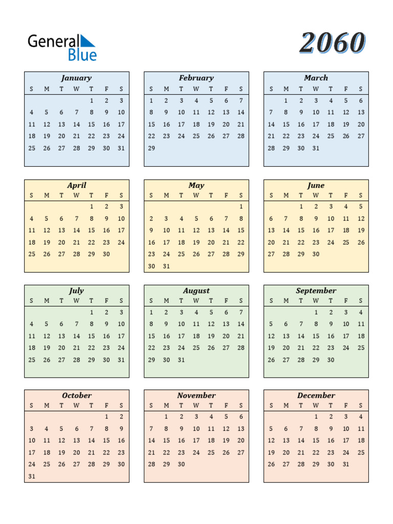 2060 Calendar Streamlined Colored Portrait Sunday Start | PDF