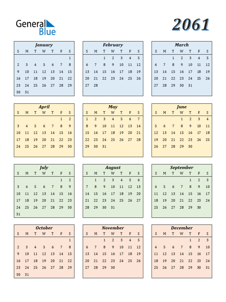 2061 Calendar Streamlined Colored Portrait Sunday Start | PDF