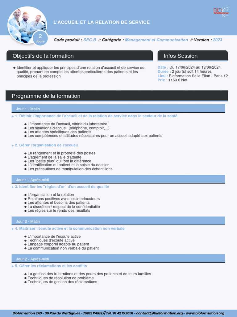 BIOFORMATION SEC.B Laccueil Et La Relation de Service | PDF | Facture | Compétence