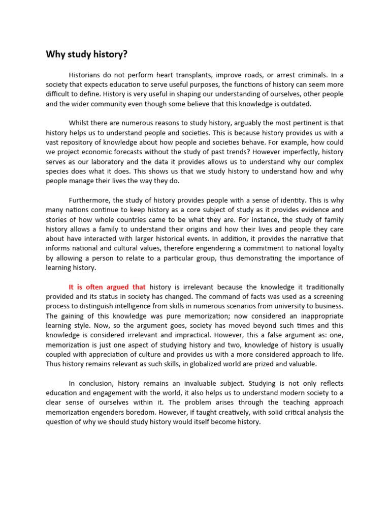Argumentative Essay - Why Study History | PDF | Knowledge | Society