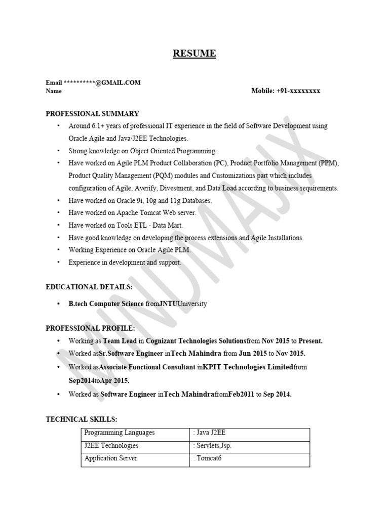 Agile Plm Sample Resume 1 Pdf Computing Computer Programming 