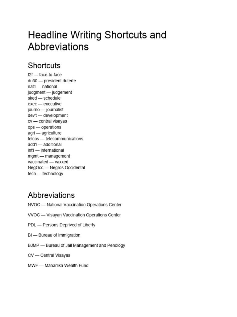 Headline Writing Shortcuts and Abbreviations | PDF | Politics | Social ...