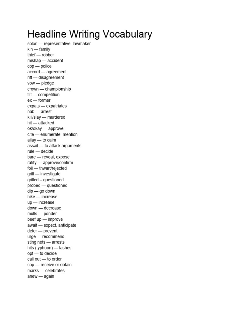 Headline Writing Vocabulary Guide | PDF | Law | Cooking, Food & Wine