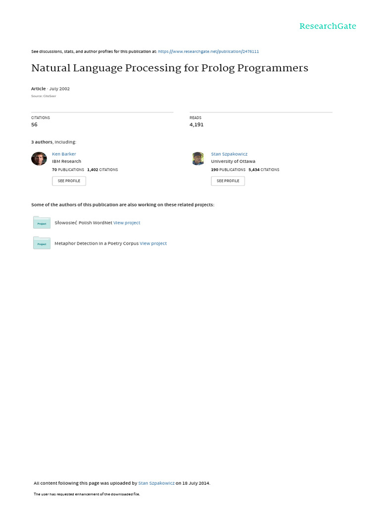 Natural Language Processing For Prolog Programmers | PDF | Computer Programming | Grammar