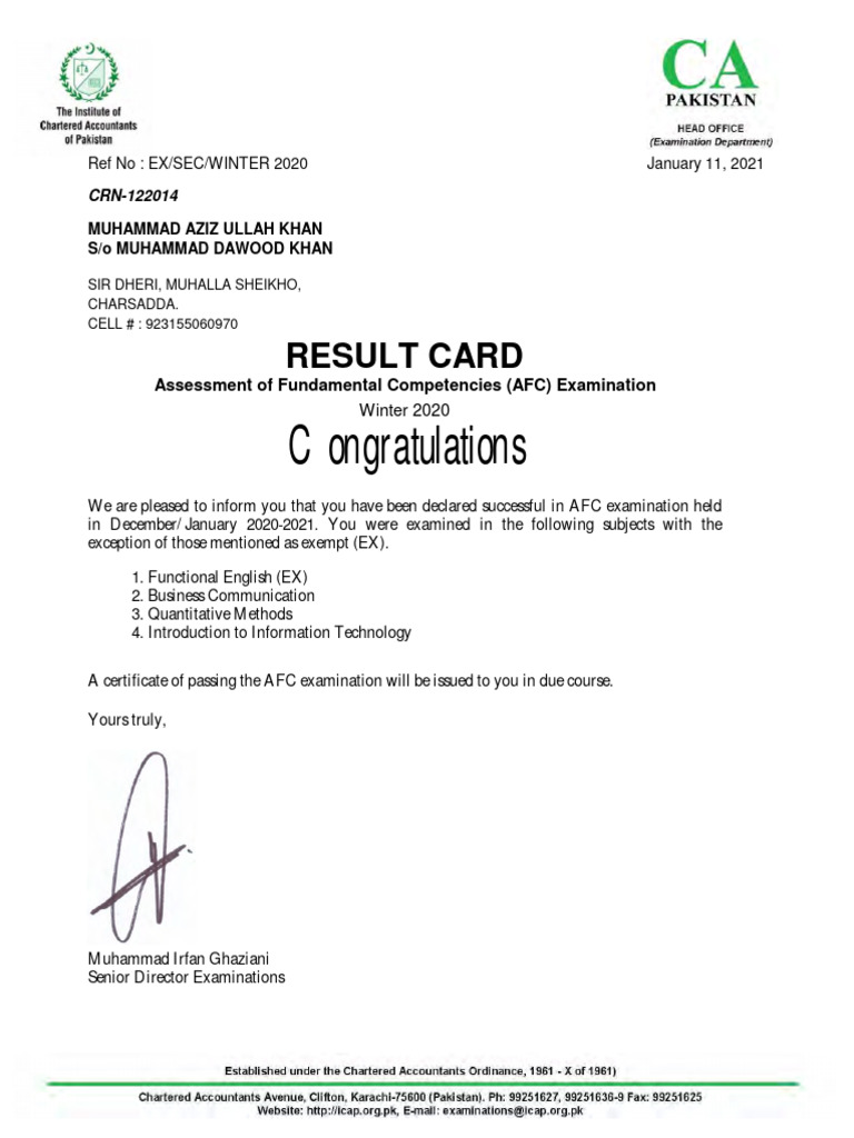 ICAP Result Card | PDF