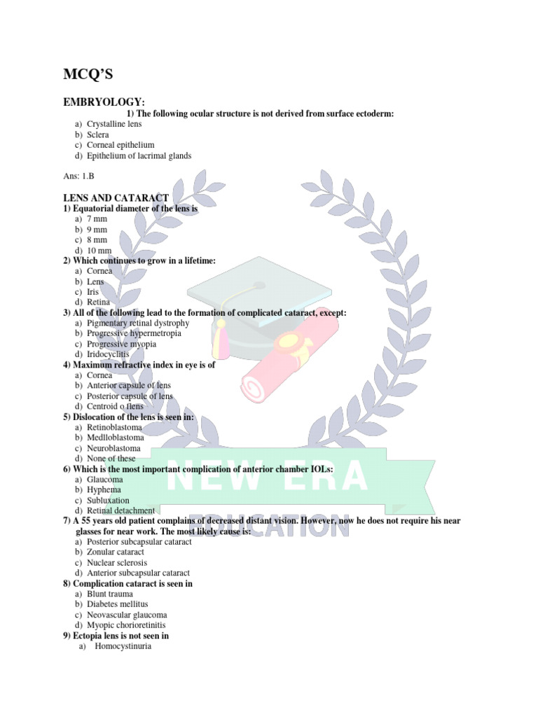 Ophthalmology MCQs for Students | PDF | Glaucoma | Cataract