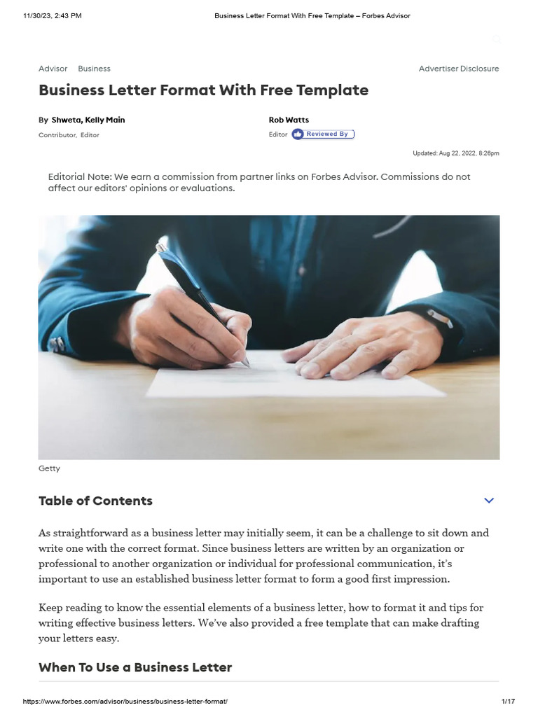 Business Letter Format With Free Template - Forbes Advisor | Download ...