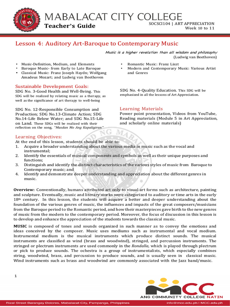 Lesson 4-Art Appreciation | PDF | Baroque Music | Classical Period (Music)