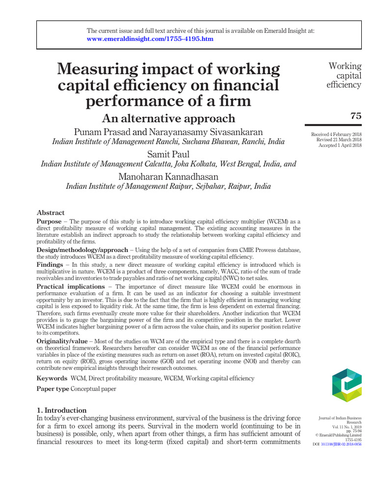 Measuring Impact of Working Capital e Ciency On Financial Performance of A Firm | PDF | Working ...