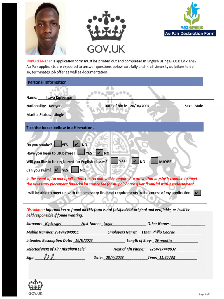 Au Pair Placement Form | PDF | Career & Growth