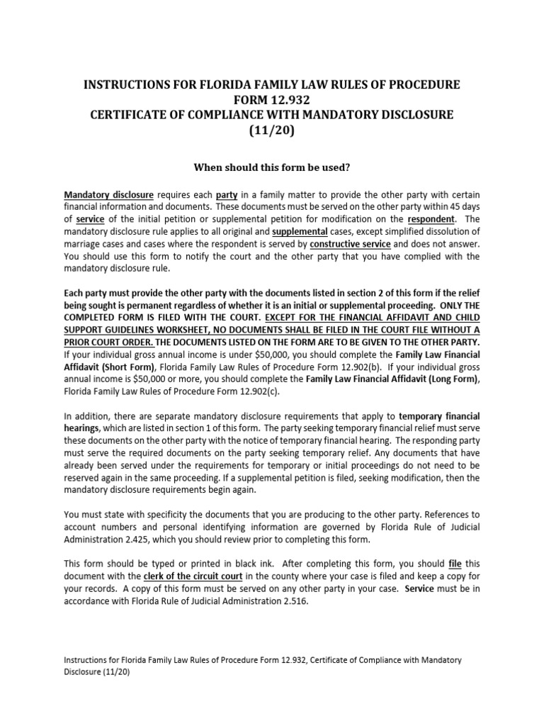 Instructions For Florida Family Law Rules of Procedure FORM 12.932 Certificate of Compliance ...