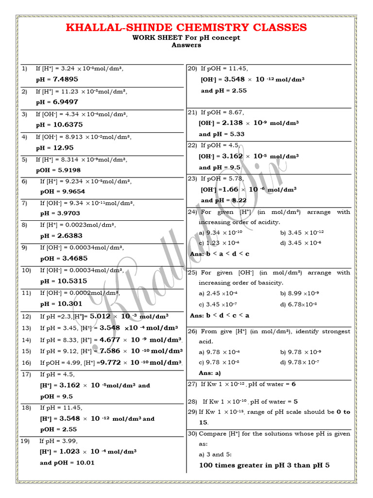 pH and pOH Calculations Worksheet | PDF | Ph | Physical Chemistry