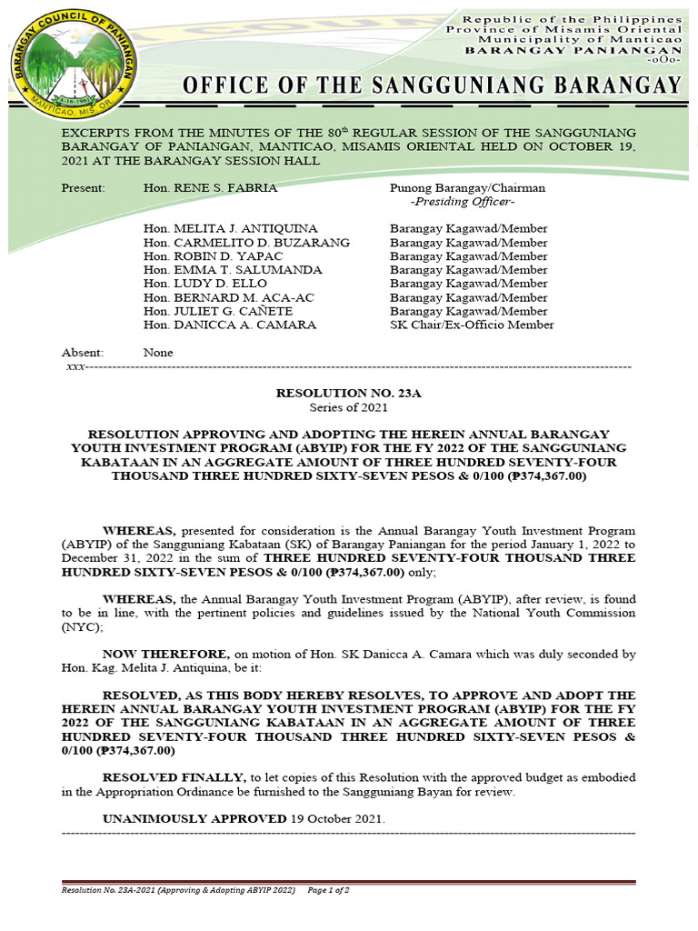 SB Resolution No. 23A-2021 (Approving ABYIP2022) | PDF | Youth | Youth ...