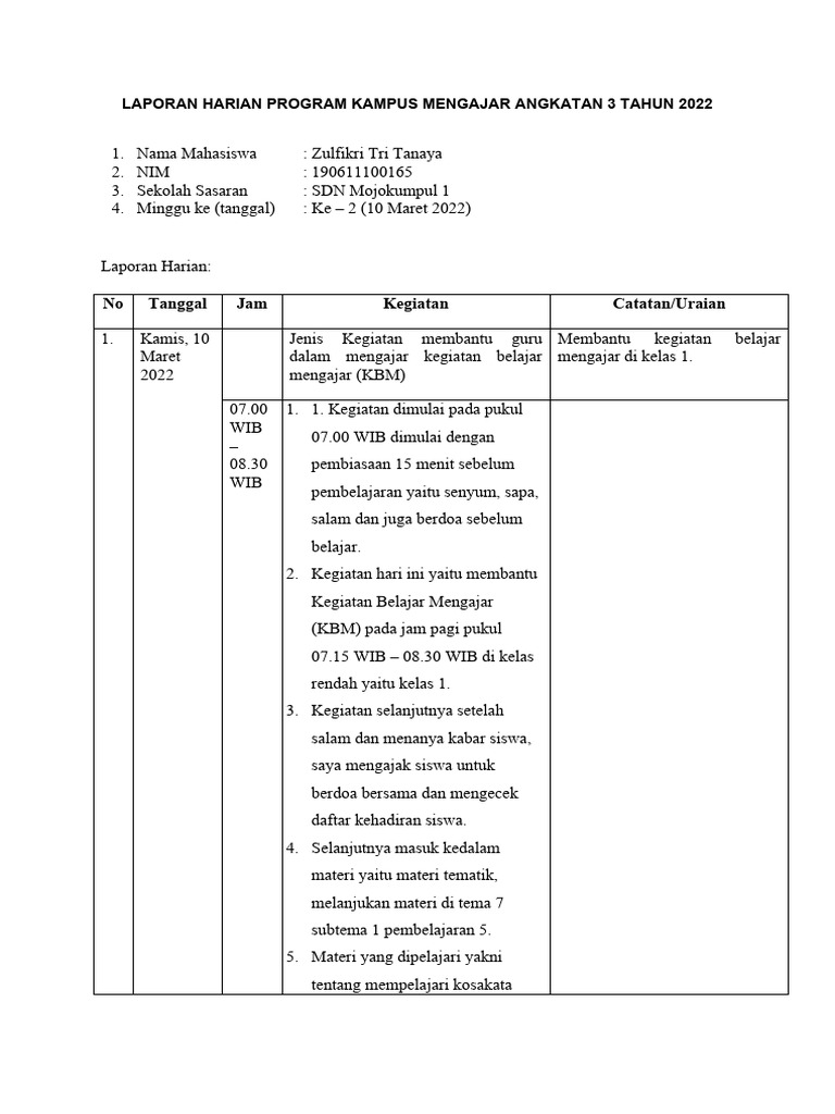 Laporan Harian Logbook 05-03-2022 - Asha Novia Anggraini | PDF
